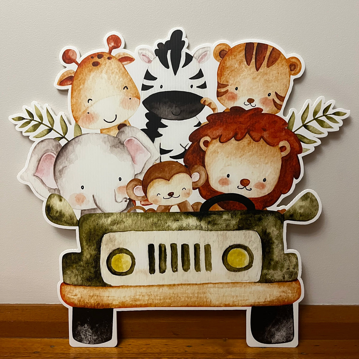 Watercolour Safari Animals in Jeep Cut Out – Party Sign Co